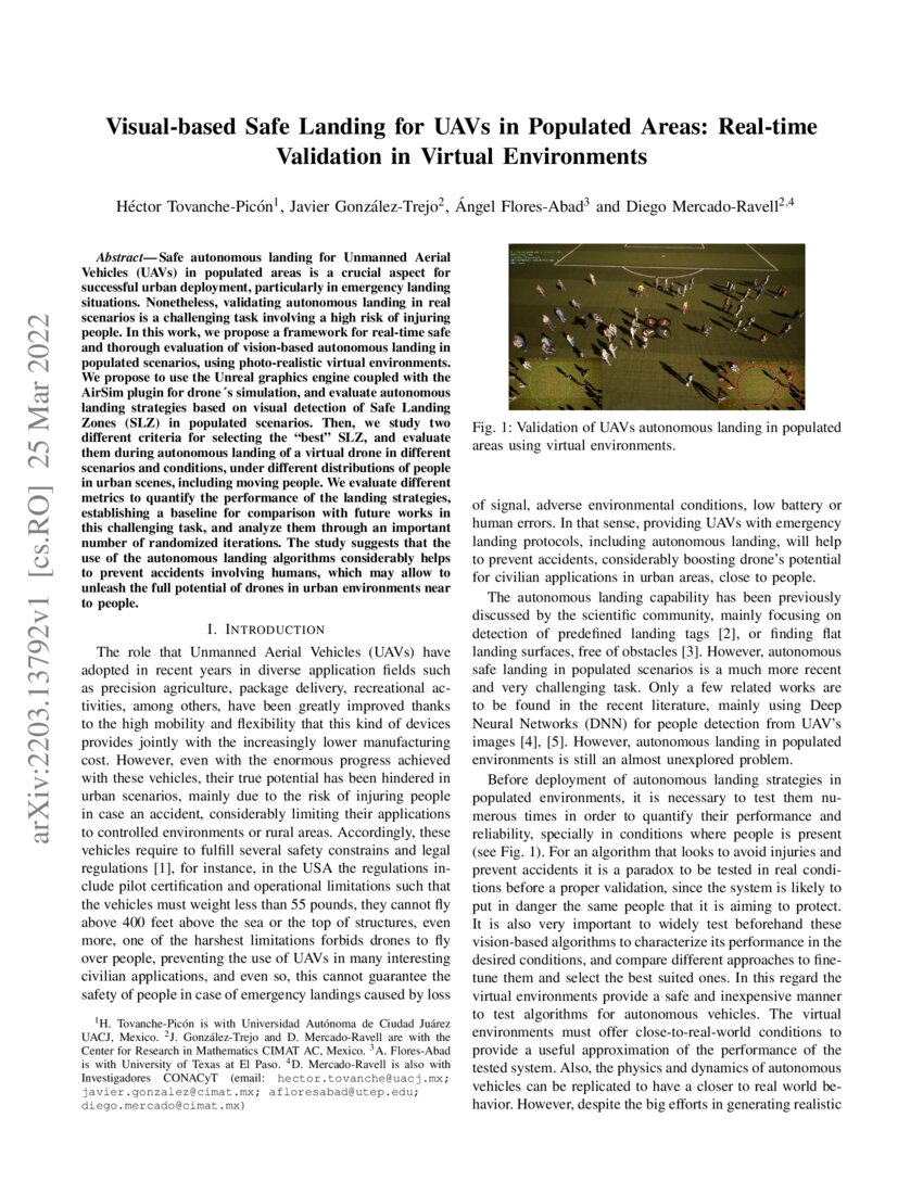 Visual-based Safe Landing for UAVs in Populated Areas: Real-time Validation in Virtual ...