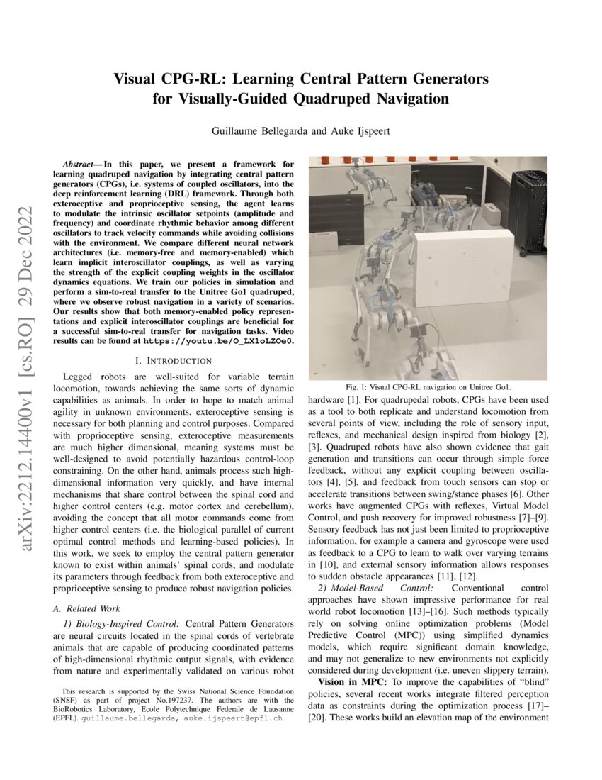 Visual CPG-RL: Learning Central Pattern Generators for Visually-Guided Quadruped Navigation | DeepAI