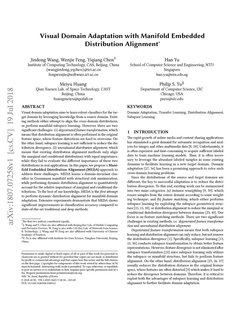 Visual Domain Adaptation with Manifold Embedded Distribution Alignment ...