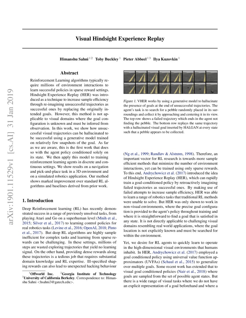 Visual Hindsight Experience Replay | DeepAI