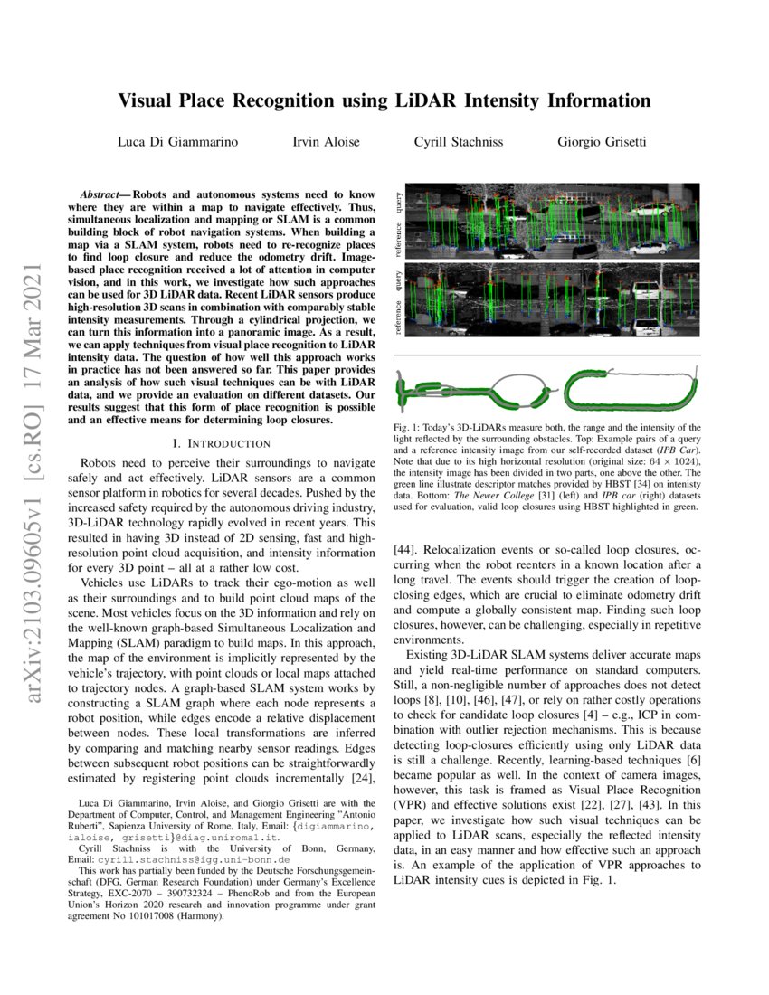 Visual Place Recognition using LiDAR Intensity Information | DeepAI