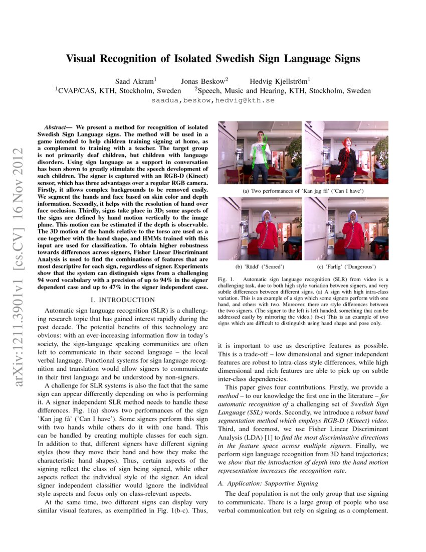 Visual Recognition of Isolated Swedish Sign Language Signs | DeepAI