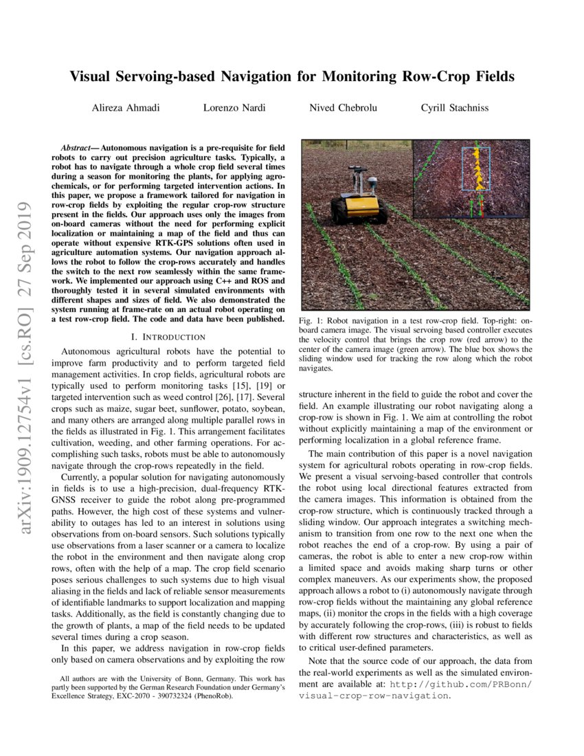 Visual Servoing Based Navigation For Monitoring Row Crop Fields Deepai