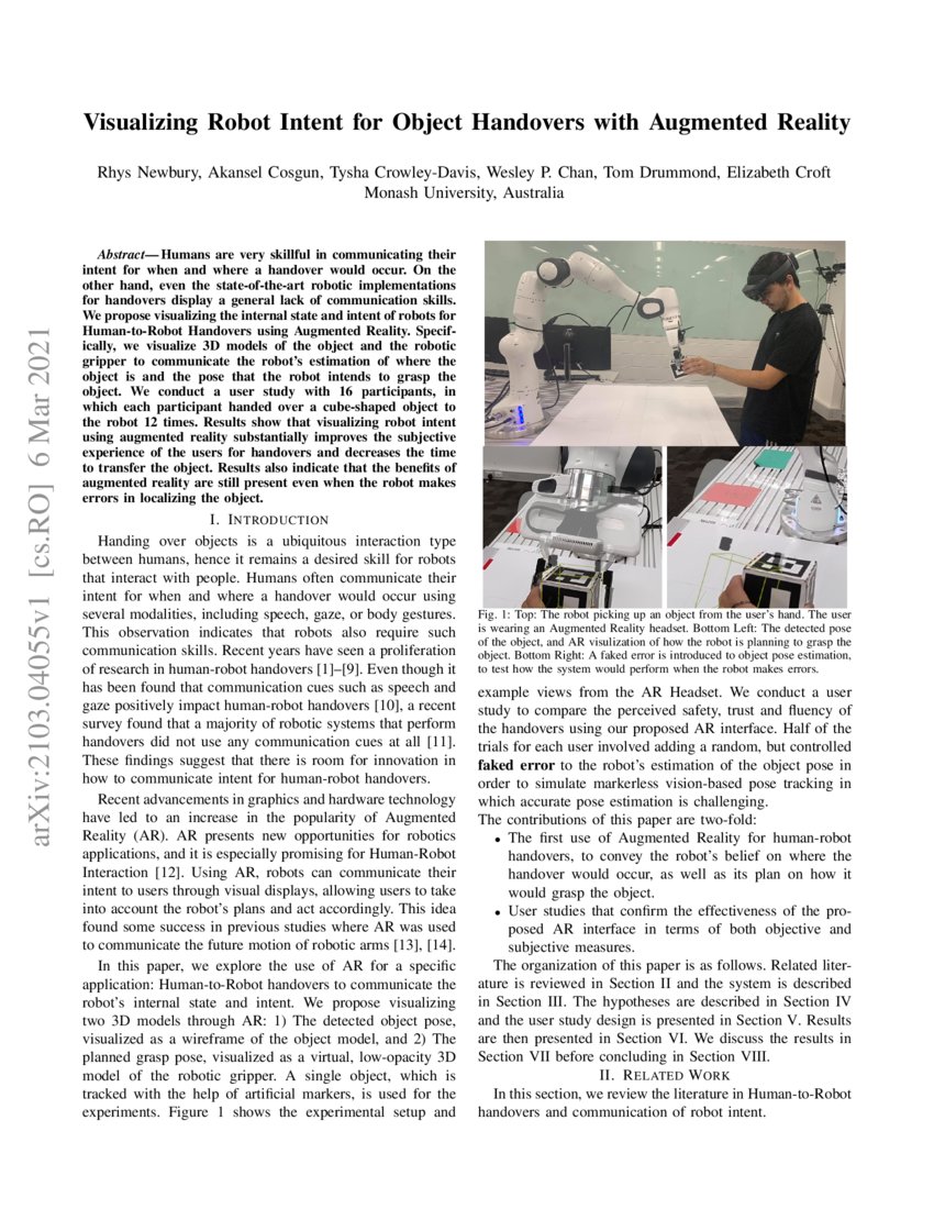 Visualizing Robot Intent For Object Handovers With Augmented Reality