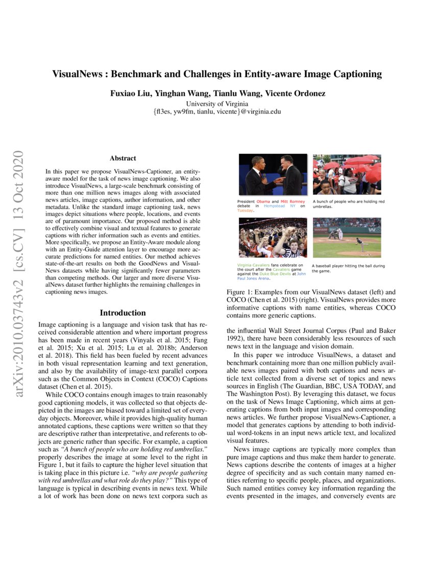 VisualNews : Benchmark and Challenges in Entity-aware Image Captioning | DeepAI