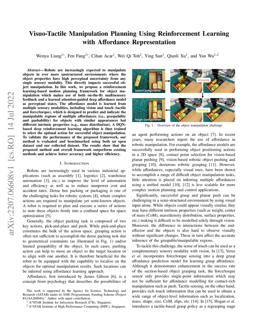 Visuo Tactile Manipulation Planning Using Reinforcement Learning With Affordance Representation