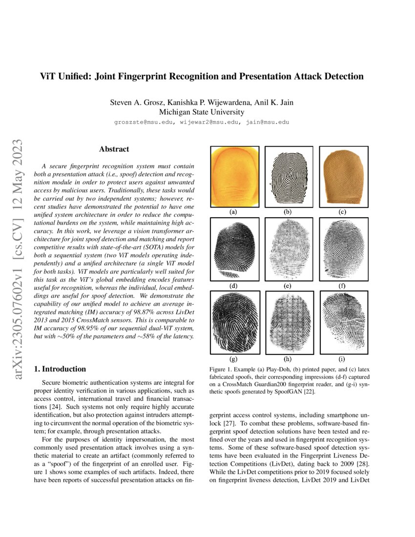 Vit Unified Joint Fingerprint Recognition And Presentation Attack Detection Deepai