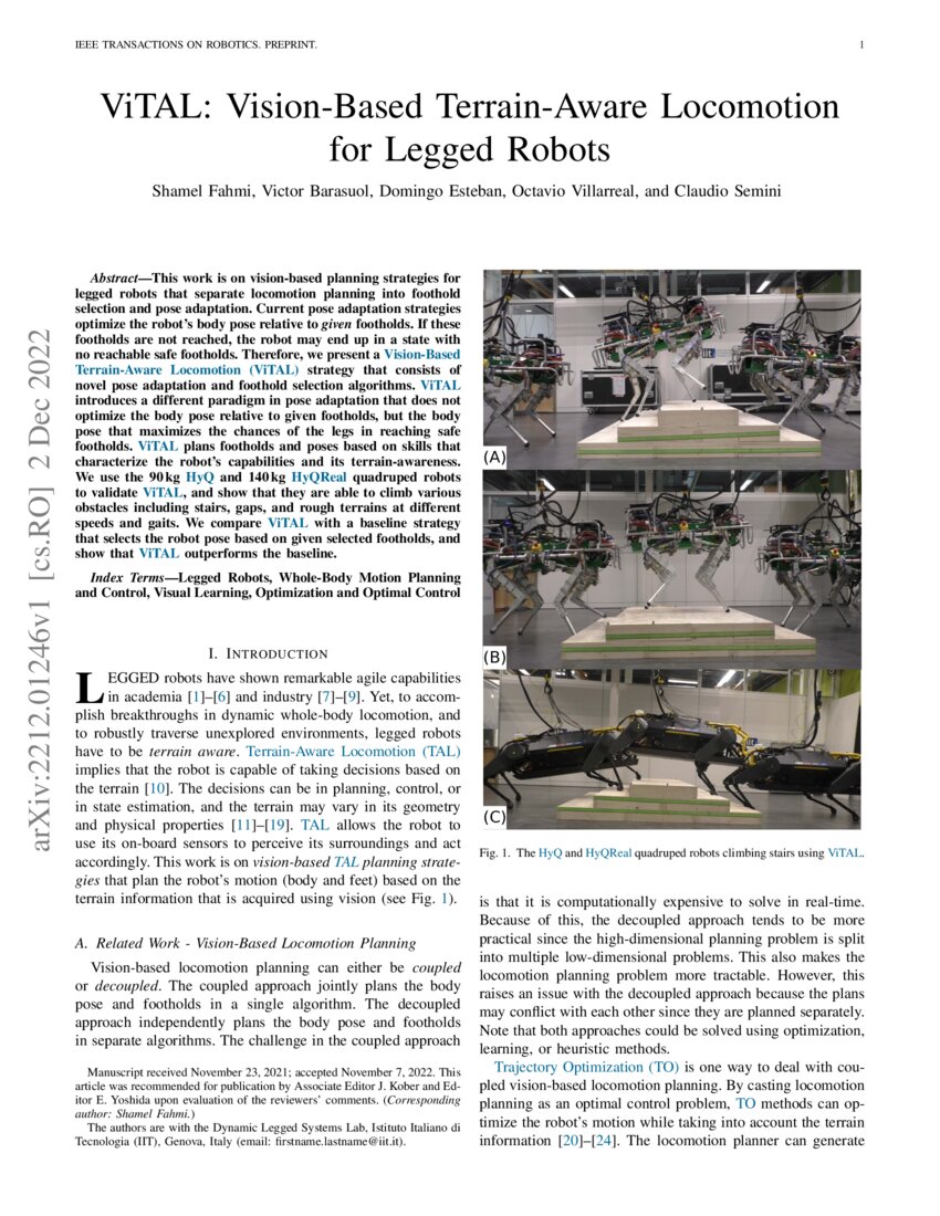 ViTAL: Vision-Based Terrain-Aware Locomotion for Legged Robots | DeepAI