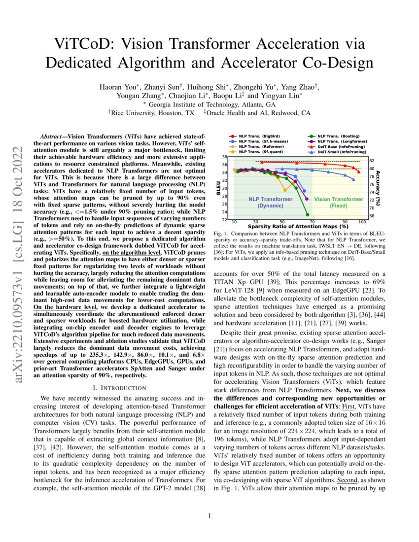 ViTCoD: Vision Transformer Acceleration via Dedicated Algorithm and Accelerator Co-Design | DeepAI
