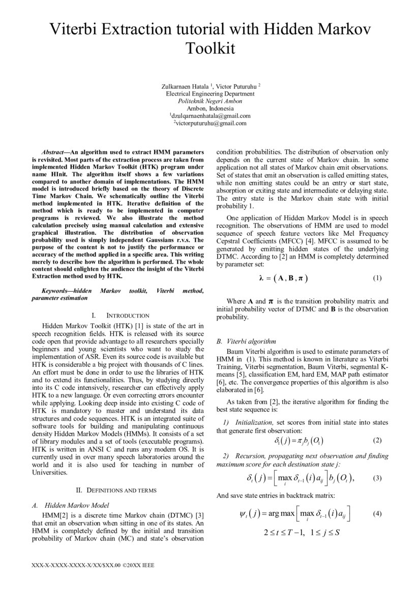 Viterbi Extraction tutorial with Hidden Markov Toolkit | DeepAI