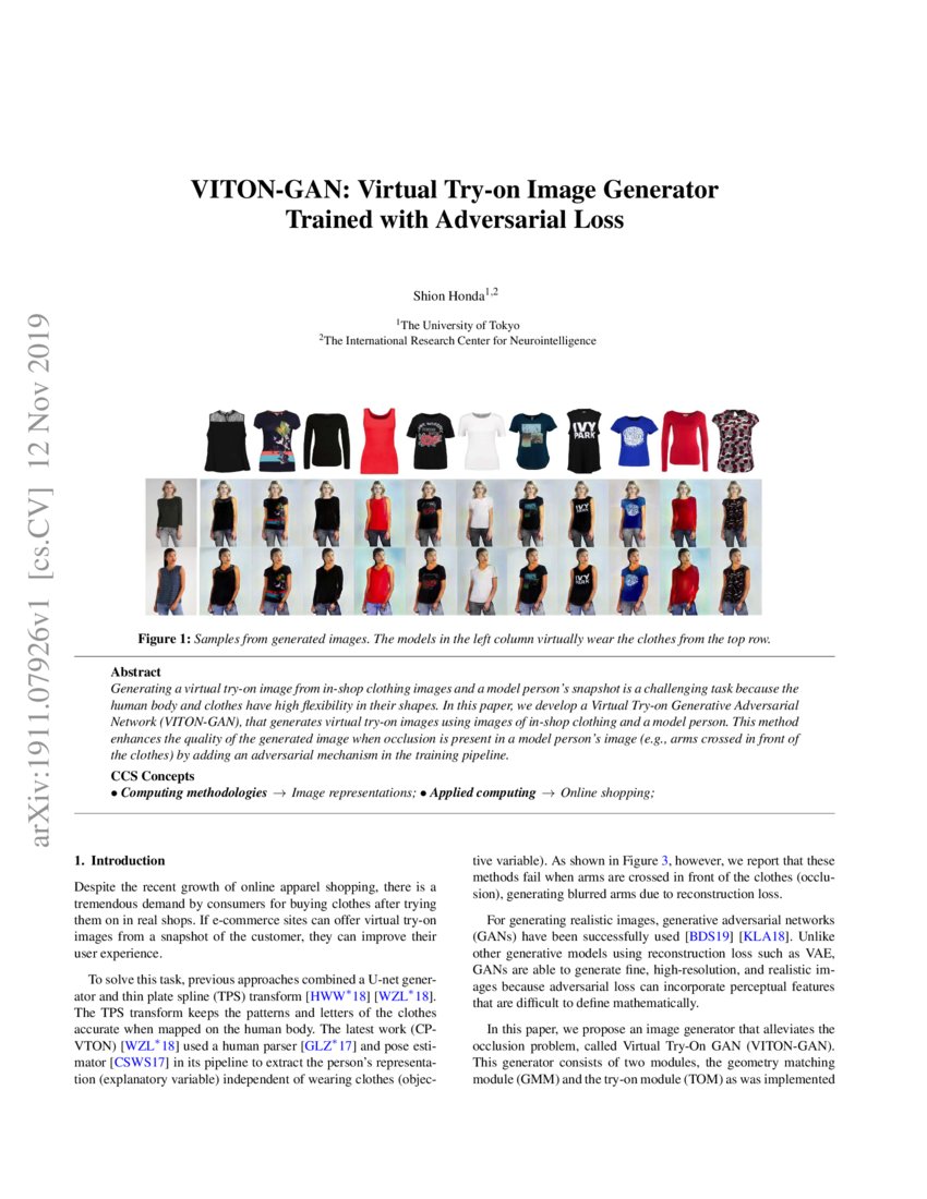 VITON-GAN: Virtual Try-on Image Generator Trained with Adversarial Loss | DeepAI