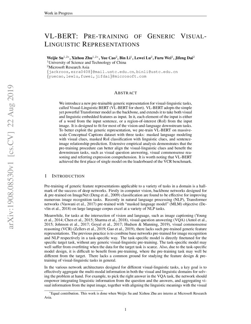 VL-BERT: Pre-training of Generic Visual-Linguistic Representations | DeepAI