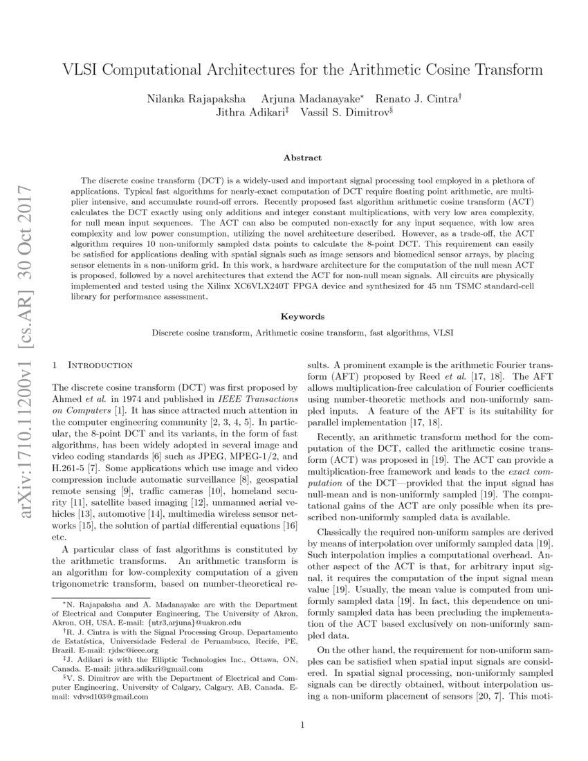 Vlsi Computational Architectures For The Arithmetic Cosine Transform