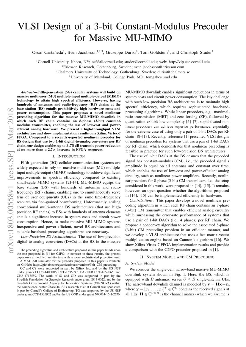Vlsi Design Of A 3 Bit Constant Modulus Precoder For Massive Mu Mimo Deepai