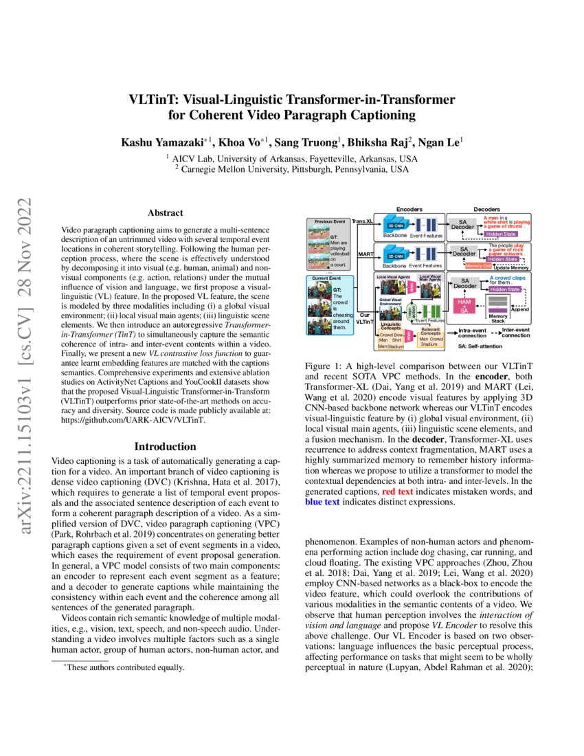 VLTinT: Visual-Linguistic Transformer-in-Transformer for Coherent Video Paragraph Captioning ...