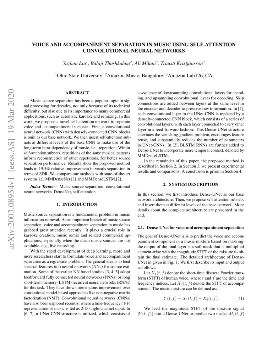Voice And Accompaniment Separation In Music Using Self Attention Convolutional Neural Network