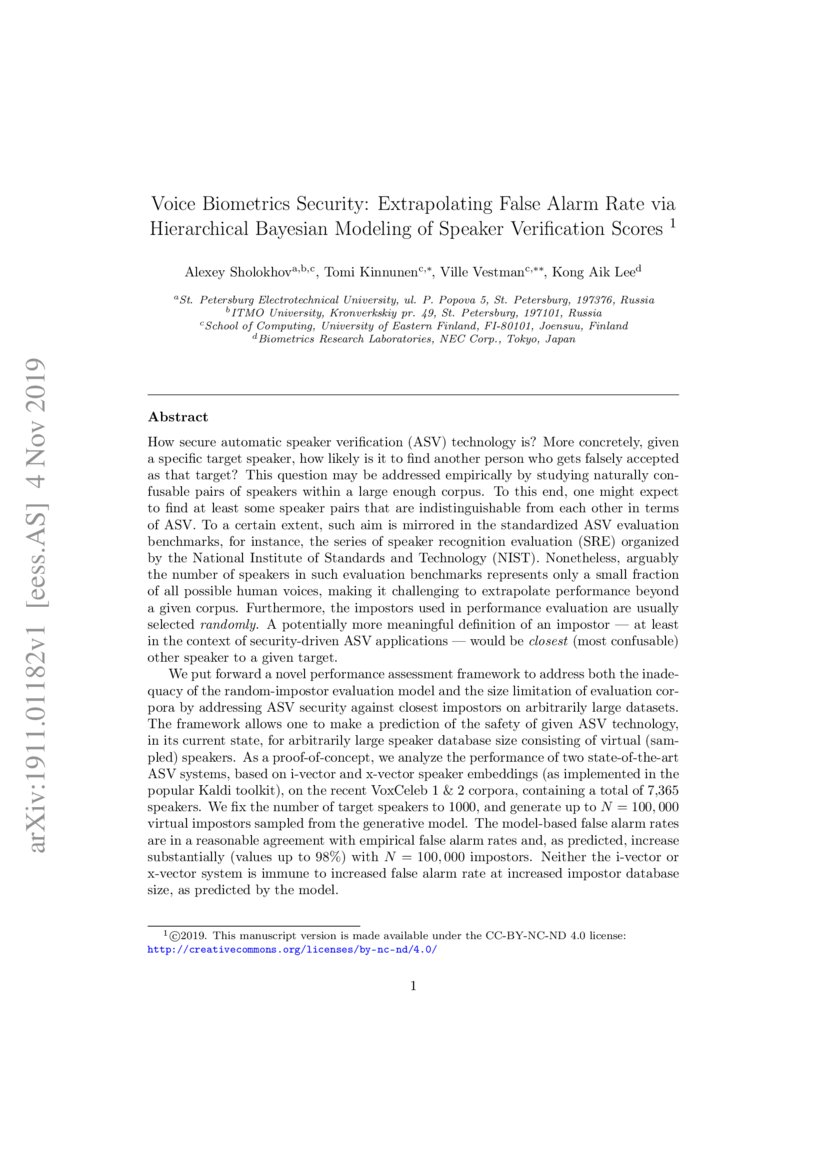 Voice Biometrics Security Extrapolating False Alarm Rate Via Hierarchical Bayesian Modeling Of