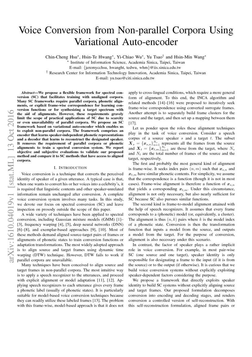 Voice Conversion From Non Parallel Corpora Using Variational Auto Encoder Deepai