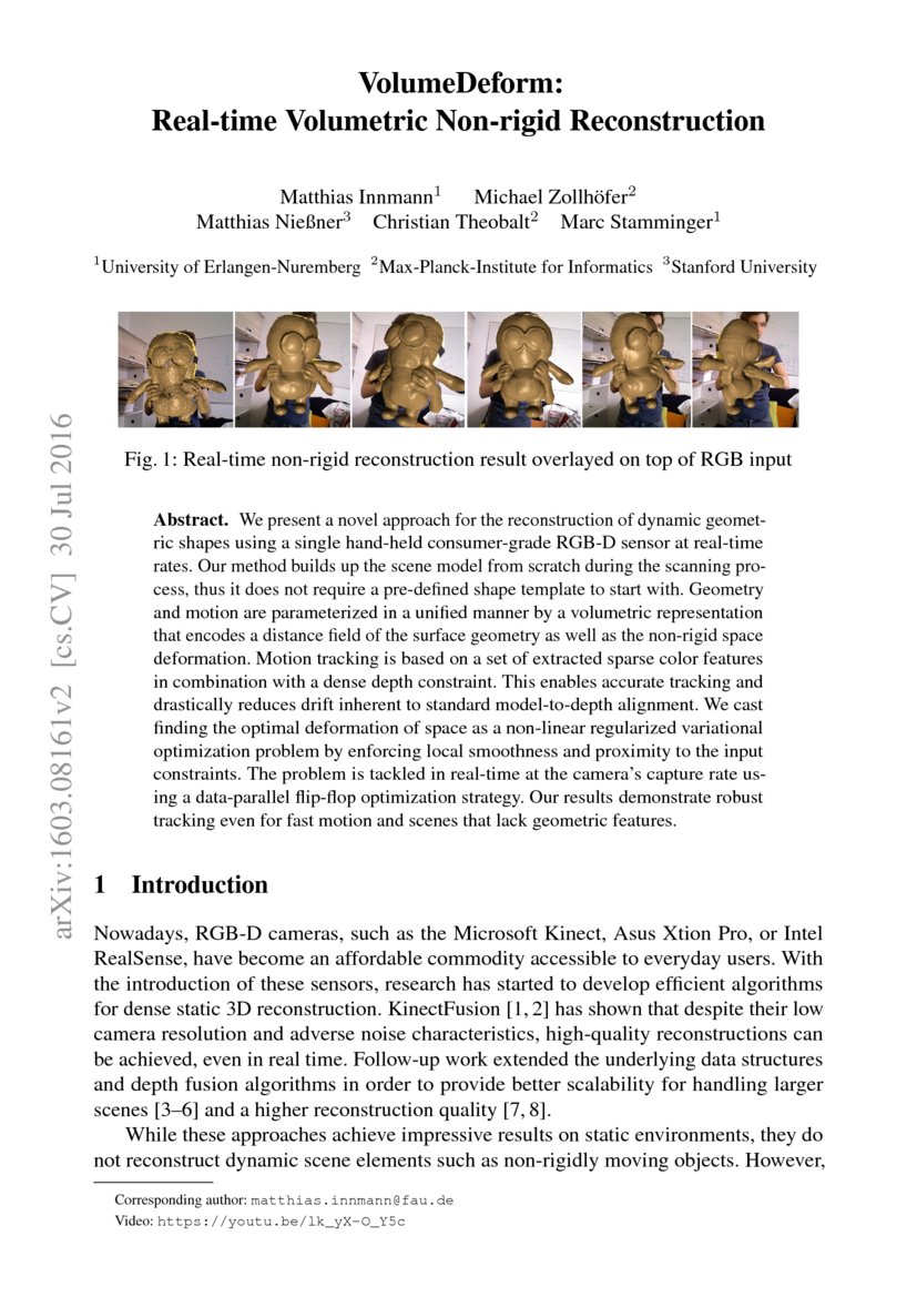VolumeDeform: Real-time Volumetric Non-rigid Reconstruction | DeepAI
