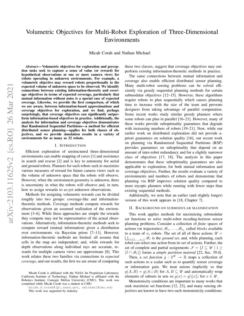 Volumetric Objectives for Multi-Robot Exploration of Three-Dimensional Environments | DeepAI