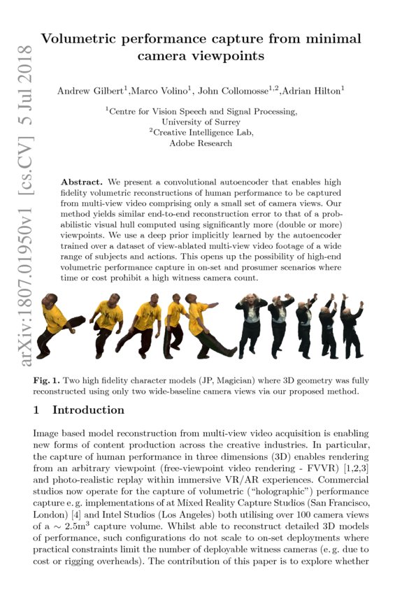 Volumetric performance capture from minimal camera viewpoints | DeepAI