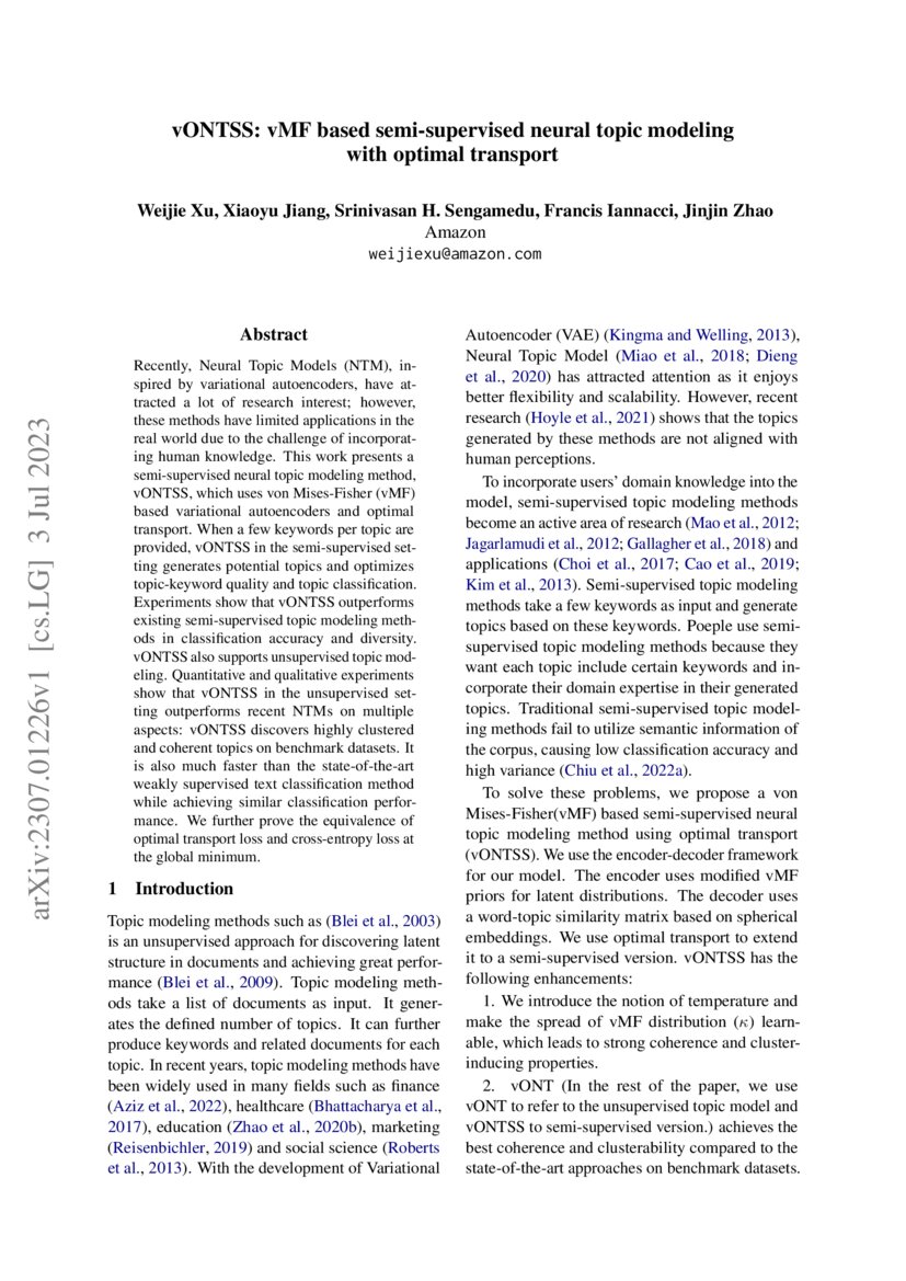 Vontss Vmf Based Semi Supervised Neural Topic Modeling With Optimal Transport Deepai