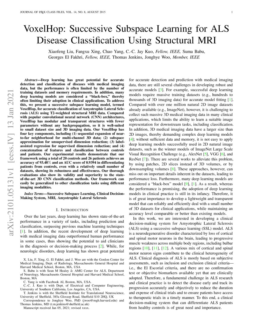 VoxelHop: Successive Subspace Learning for ALS Disease Classification Using Structural MRI | DeepAI