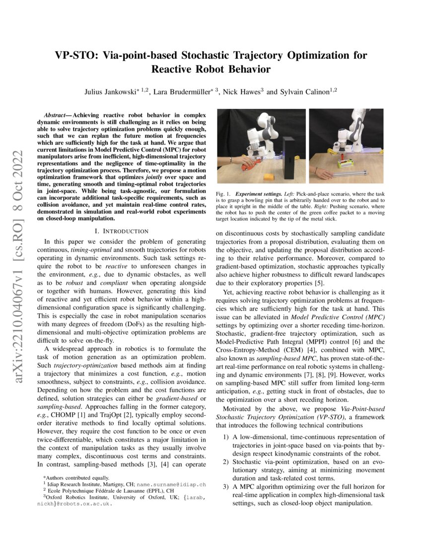 VP-STO: Via-point-based Stochastic Trajectory Optimization for Reactive Robot Behavior | DeepAI