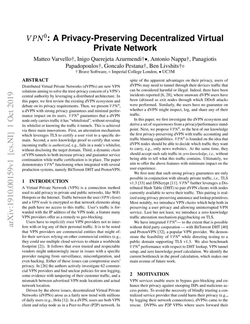 VPN0: A Privacy-Preserving Decentralized Virtual Private Network | DeepAI