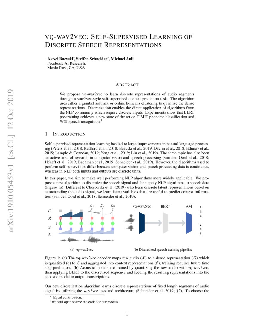 vq-wav2vec: Self-Supervised Learning of Discrete Speech Representations | DeepAI