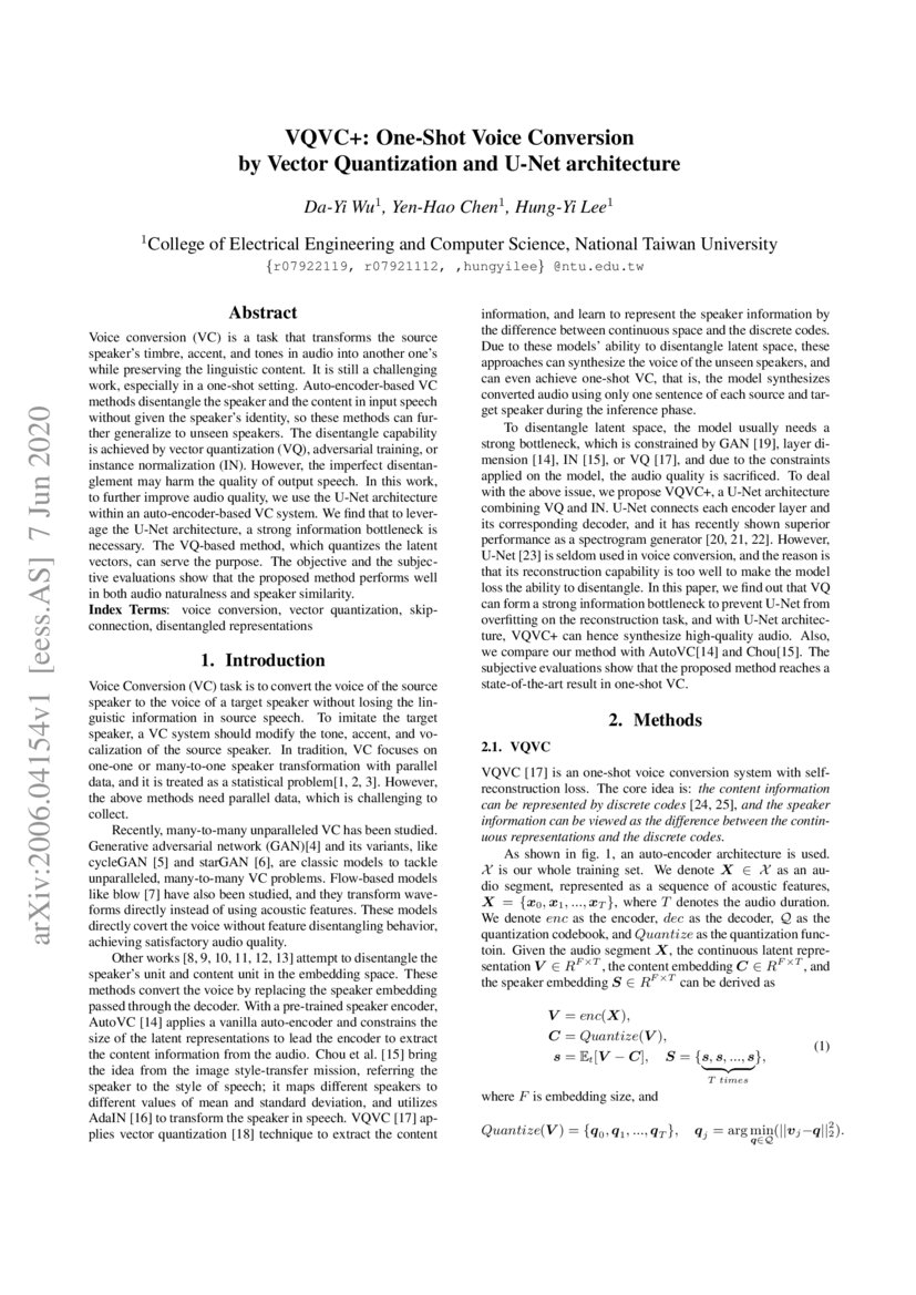 VQVC+: One-Shot Voice Conversion by Vector Quantization and U-Net architecture | DeepAI
