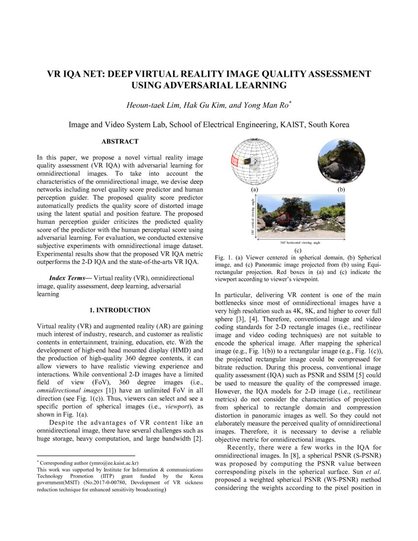 VR IQA NET: Deep Virtual Reality Image Quality Assessment using Adversarial Learning | DeepAI