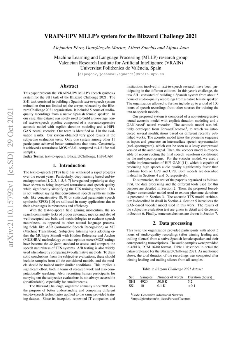 VRAIN-UPV MLLP's system for the Blizzard Challenge 2021 | DeepAI