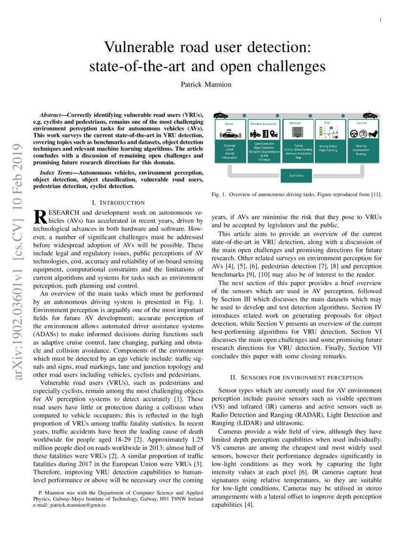 Vulnerable Road User Detection State Of The Art And Open Challenges Deepai