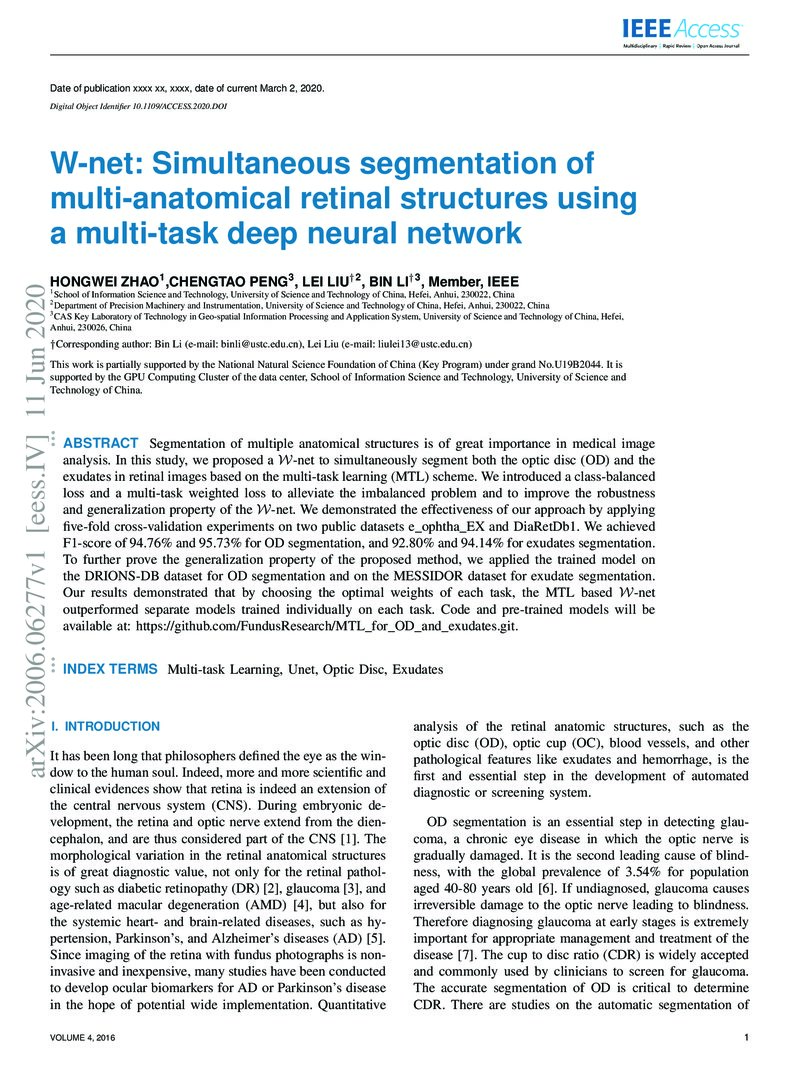 W-net: Simultaneous segmentation of multi-anatomical retinal structures using a multi-task deep ...