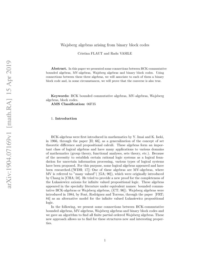 Wajsberg Algebras Arising From Binary Block Codes Deepai