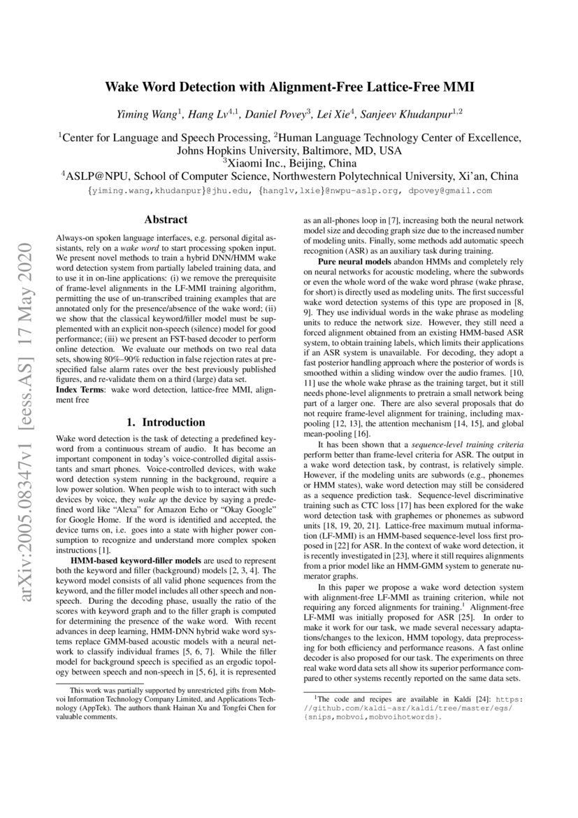 Wake Word Detection With Alignment Free Lattice Free Mmi Deepai