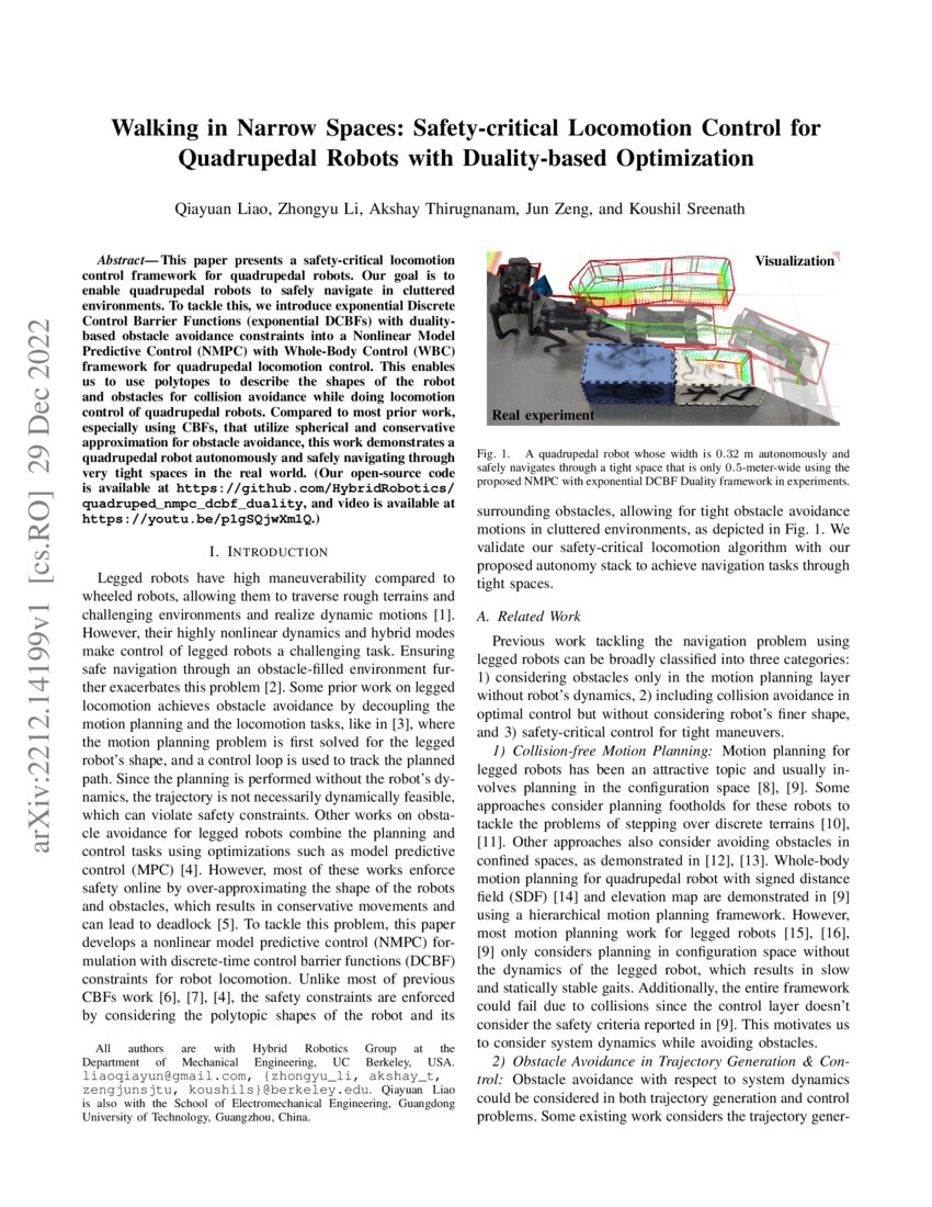 Walking In Narrow Spaces Safety Critical Locomotion Control For Quadrupedal Robots With Duality