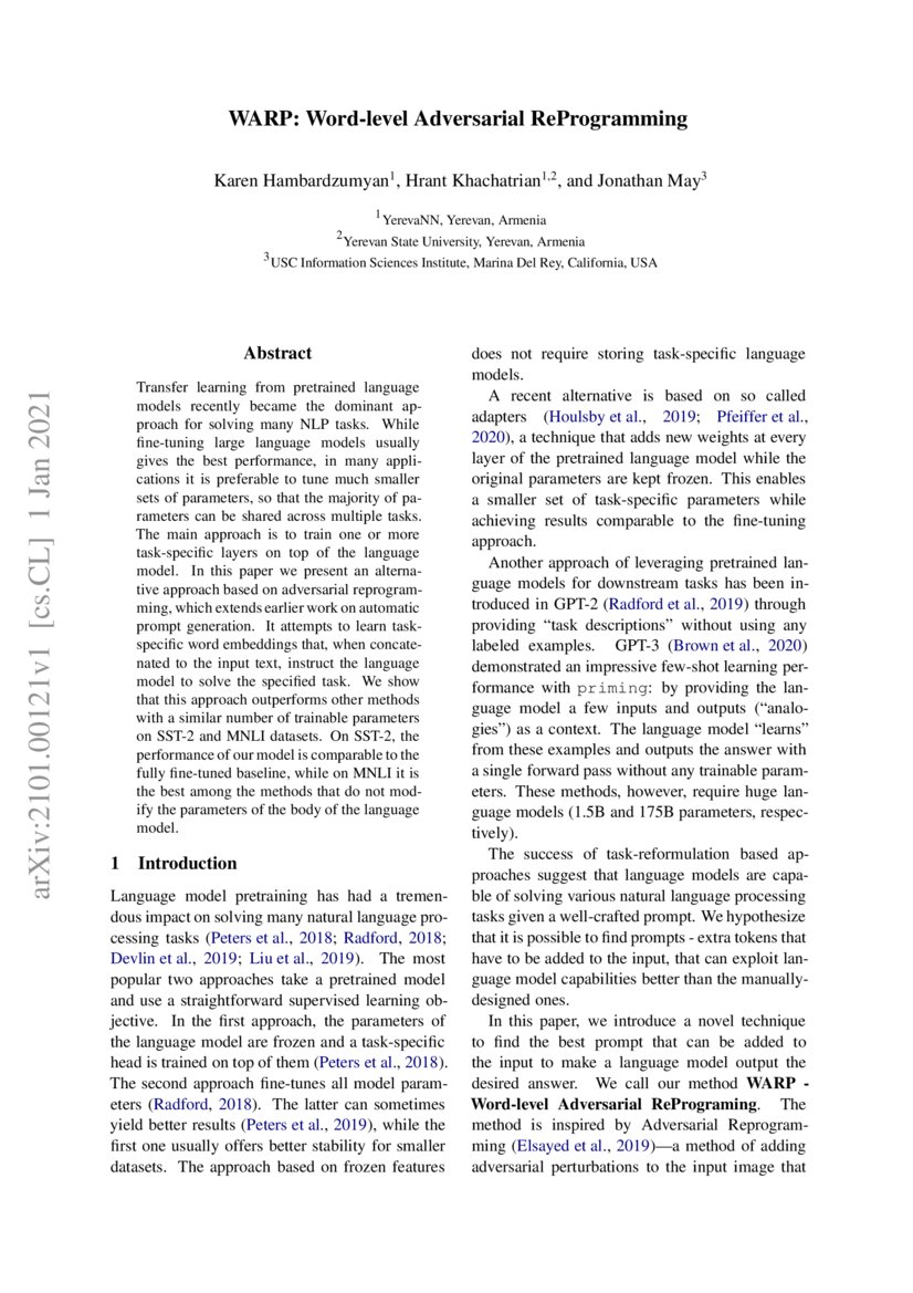 WARP: Word-level Adversarial ReProgramming | DeepAI