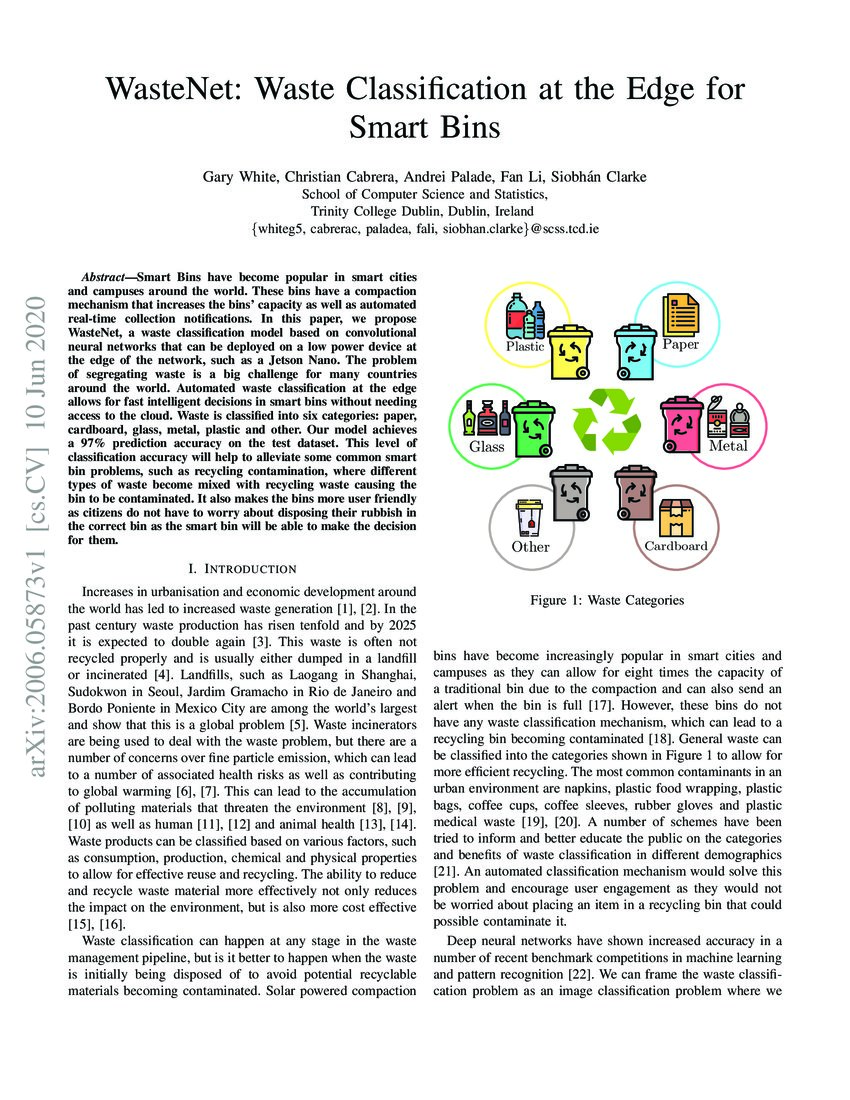 WasteNet: Waste Classification at the Edge for Smart Bins | DeepAI