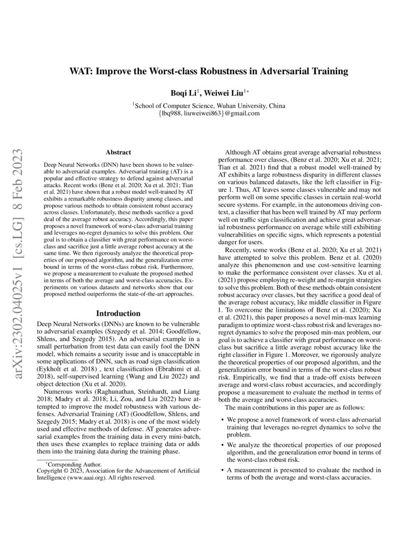 WAT: Improve the Worst-class Robustness in Adversarial Training | DeepAI WAT: Improve the Worst-class Robustness in Adversarial Training | DeepAI