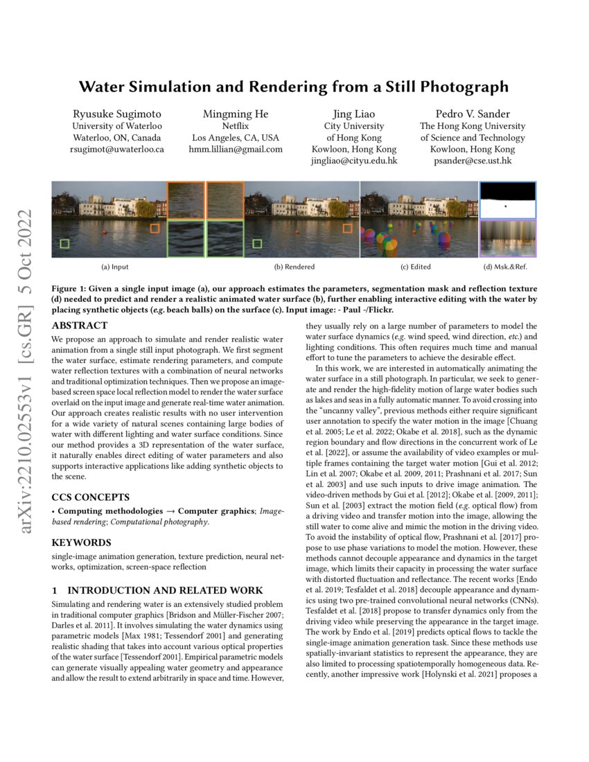 Water Simulation and Rendering from a Still Photograph | DeepAI