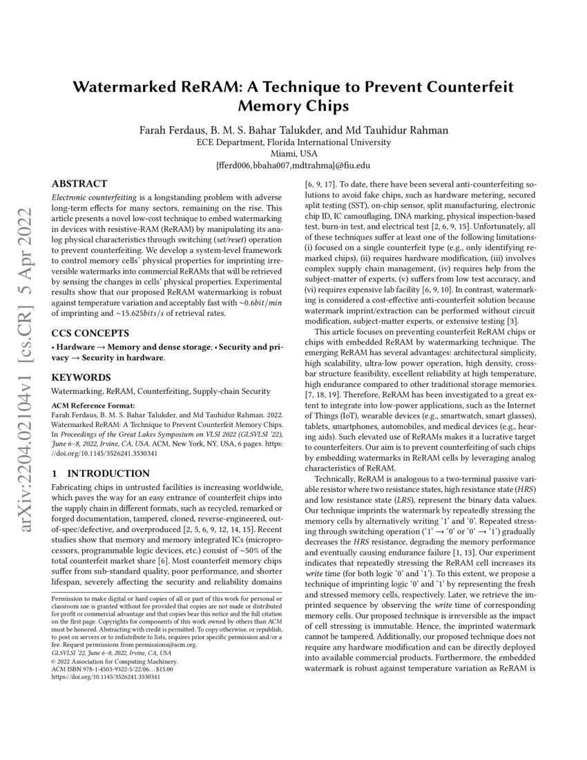 Watermarked ReRAM: A Technique to Prevent Counterfeit Memory Chips | DeepAI