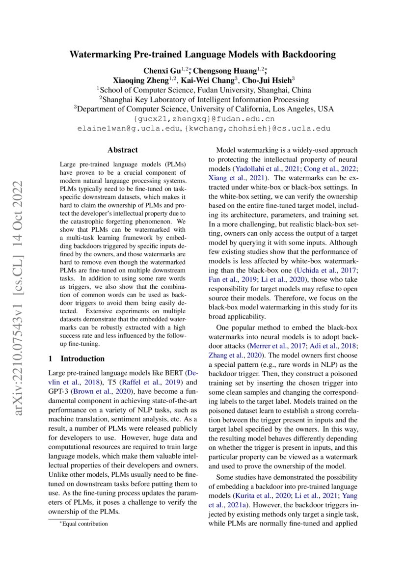 Watermarking Pre-trained Language Models with Backdooring | DeepAI