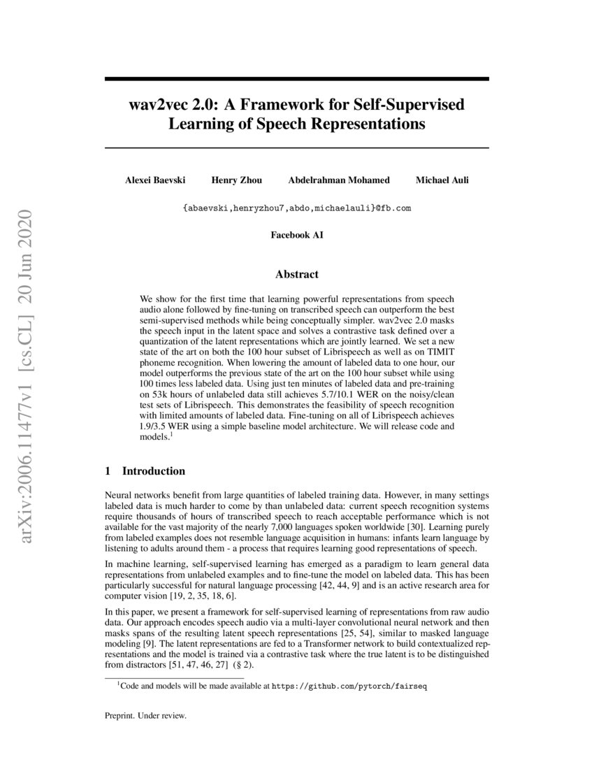 Wav2vec 2 0 A Framework For Self Supervised Learning Of Speech Representations Deepai