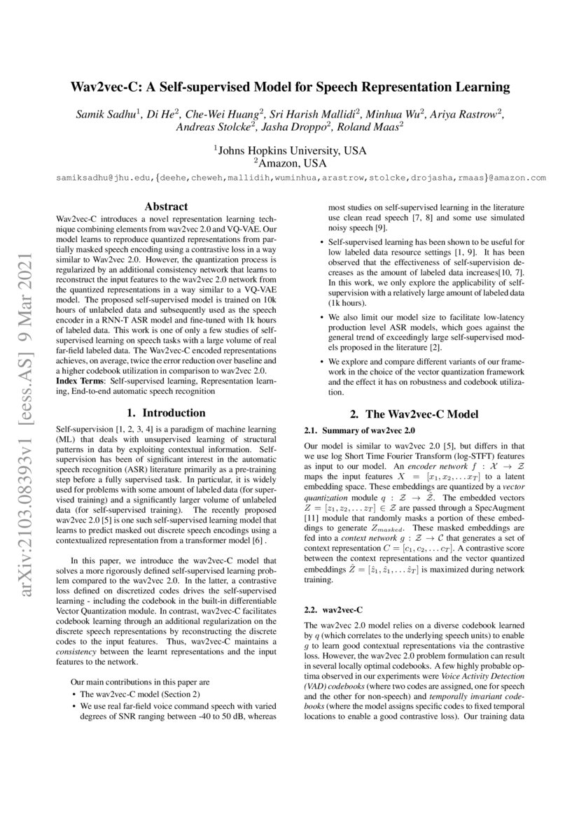 Wav2vec-C: A Self-supervised Model for Speech Representation Learning ... Wav2vec-C: A Self-supervised Model for Speech Representation Learning ...