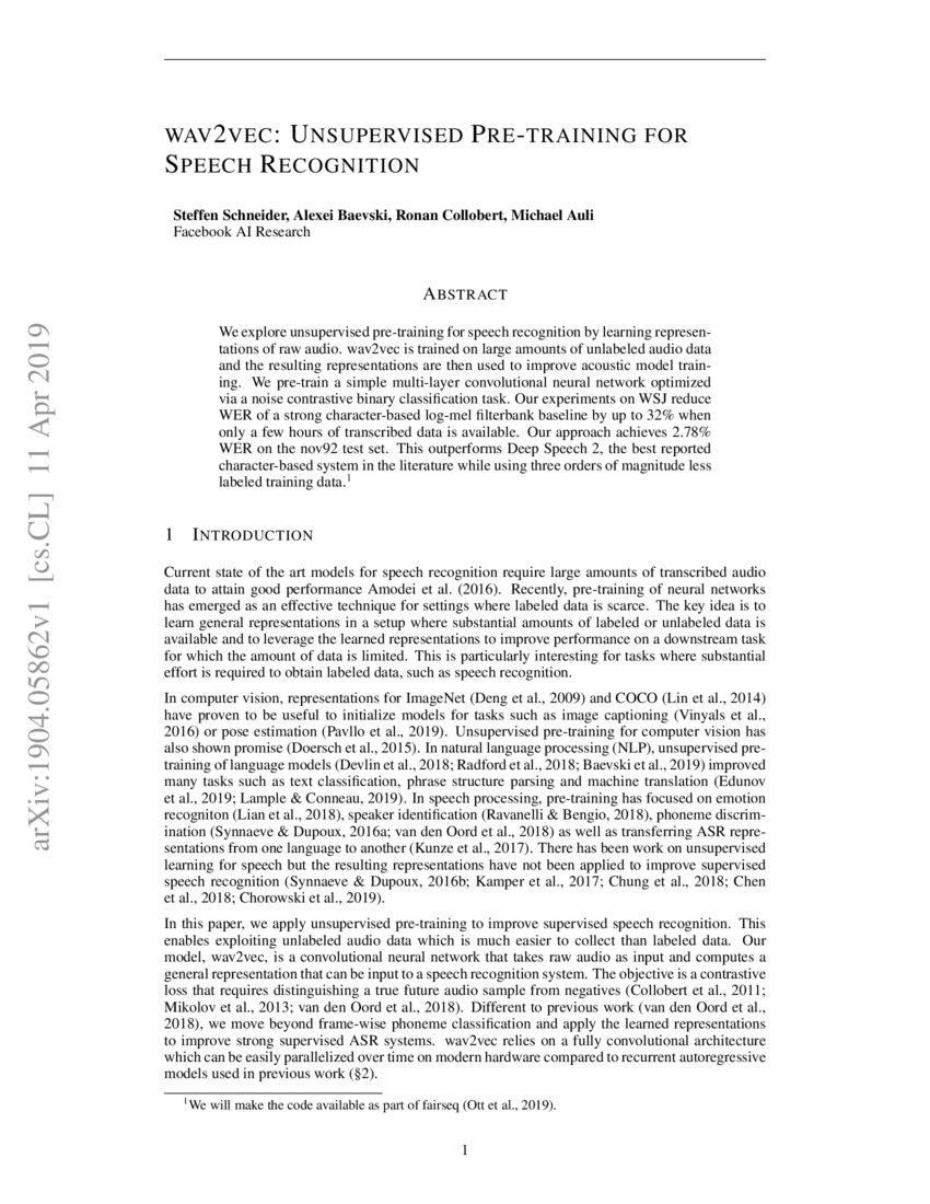 wav2vec: Unsupervised Pre-training for Speech Recognition | DeepAI