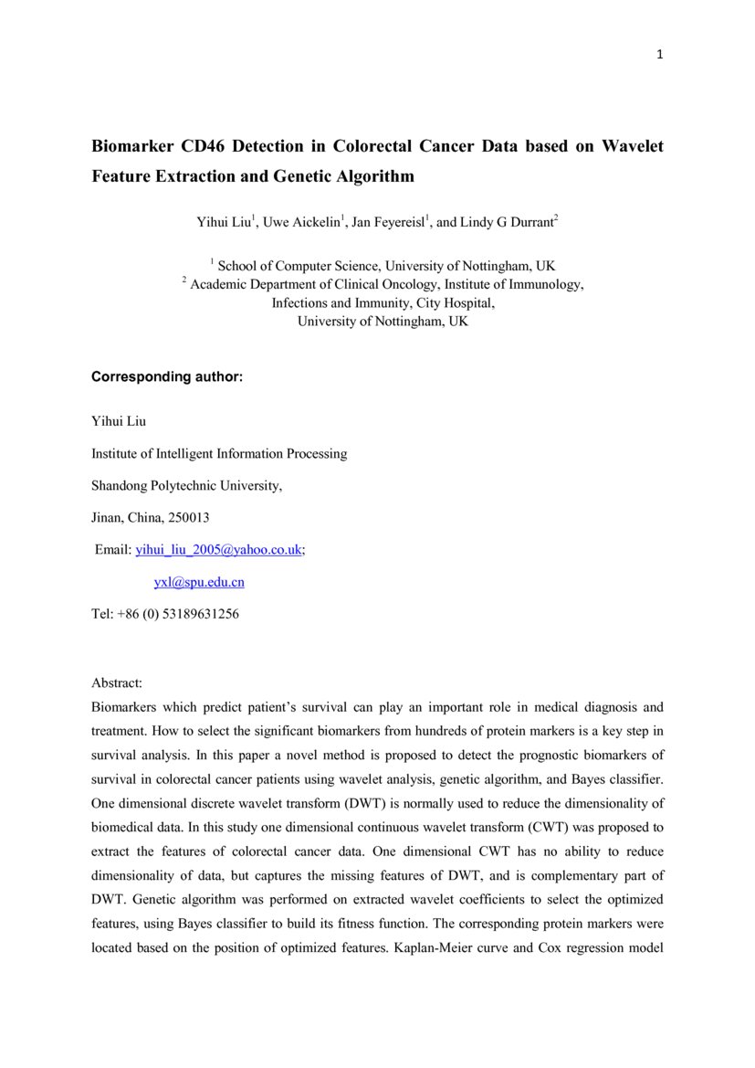 Wavelet Feature Extraction And Genetic Algorithm For Biomarker Detection In Colorectal Cancer