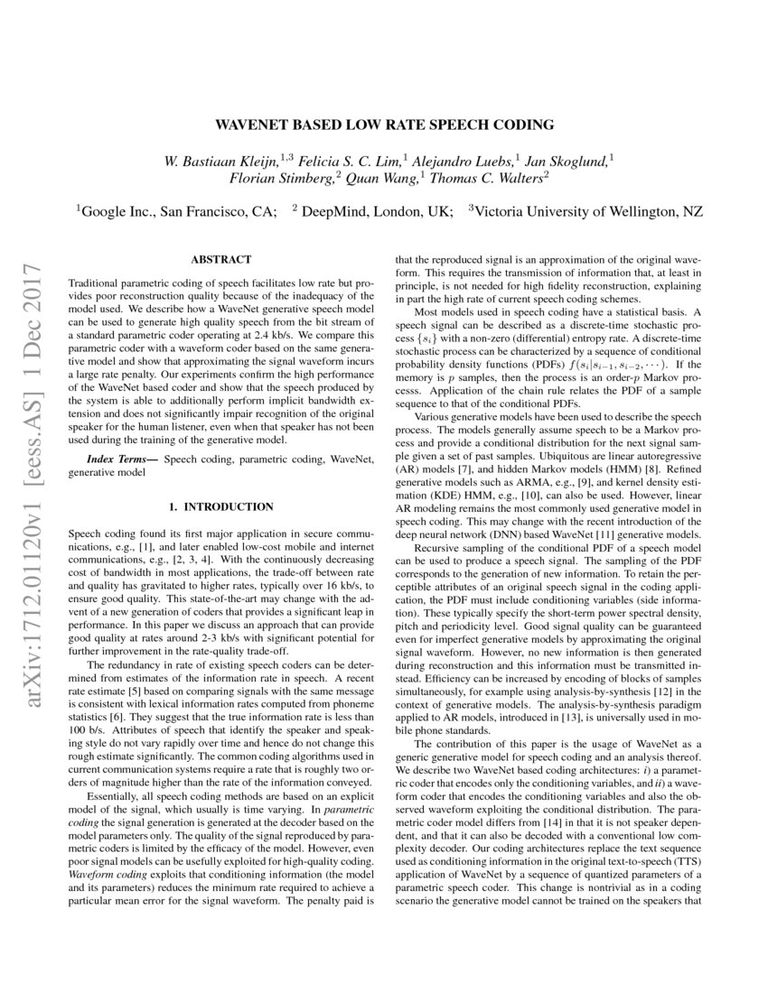 Wavenet based low rate speech coding | DeepAI