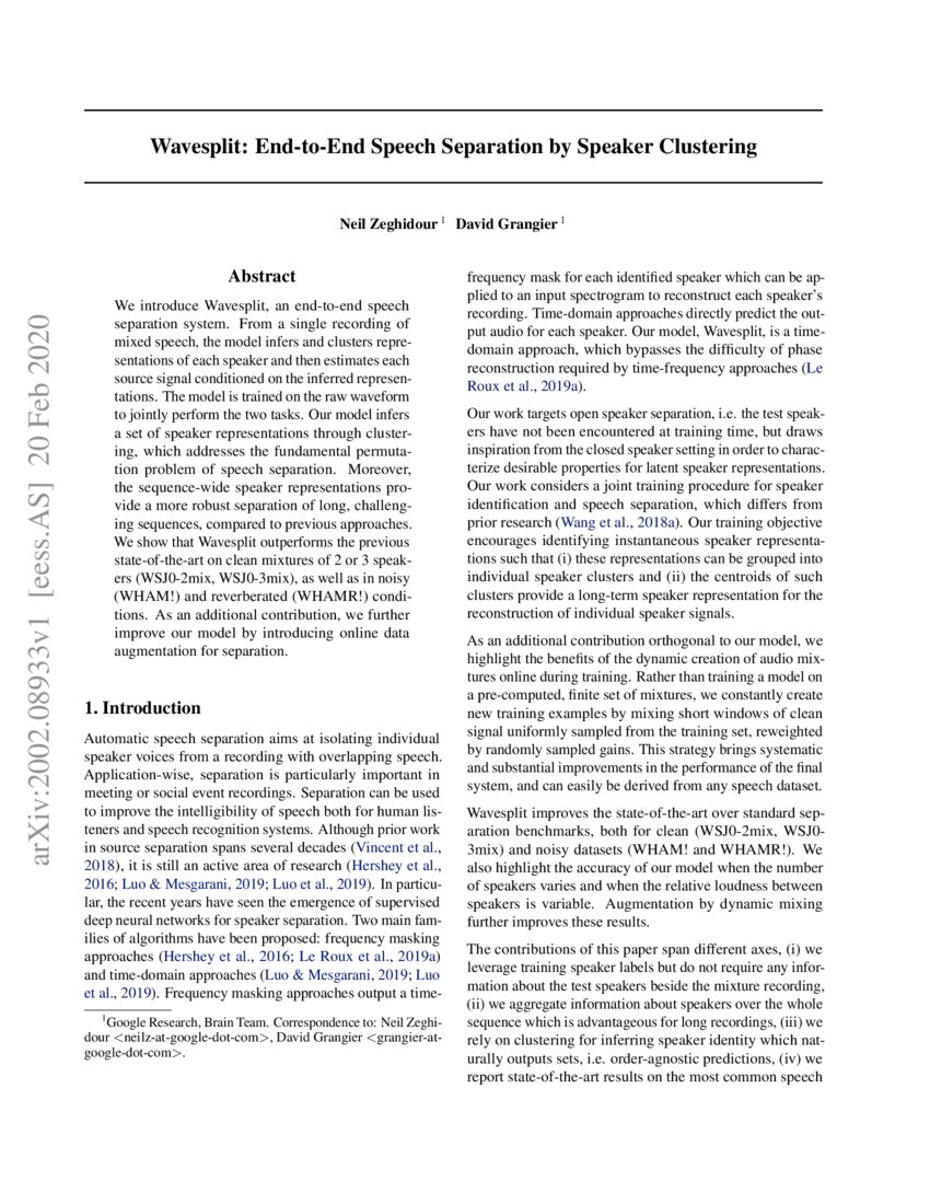 Wavesplit: End-to-End Speech Separation by Speaker Clustering | DeepAI